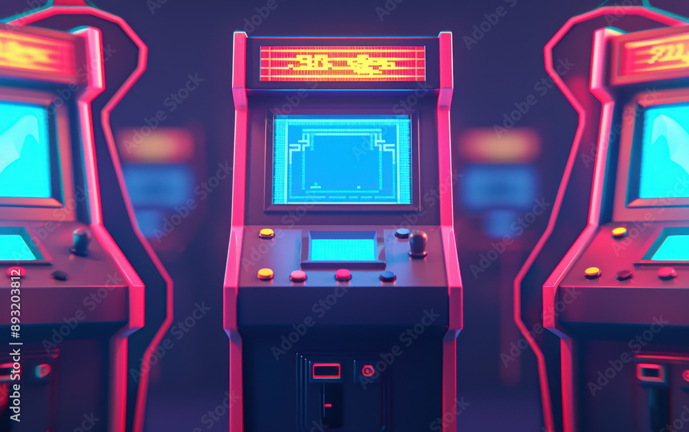 Retro arcade machines with neon lights and pixelated screens in a dark ...