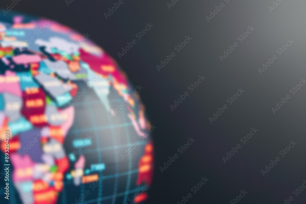 Blurred world map showing colorful continents on a dark background ...