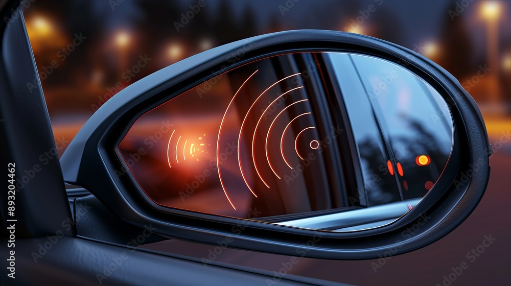 A close-up of a blind zone monitoring sensor on a side mirror of an ...