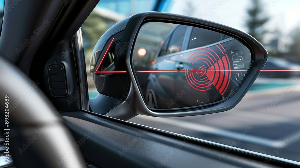 A close-up of a blind zone monitoring sensor on a side mirror of an ...
