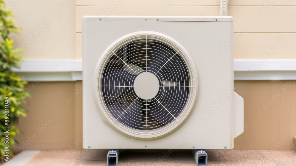 Outdoor air conditioning unit installed on concrete slab, providing ...