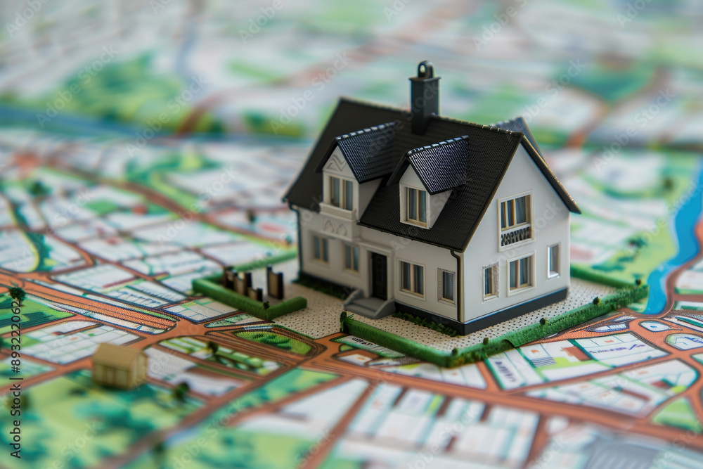 A close-up of an architectural model house on top of a map with green ...