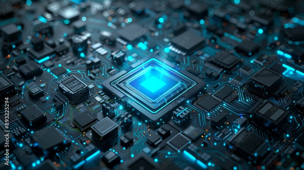 blue light-emitting chip Surrounded by black and gray circuit boards ...