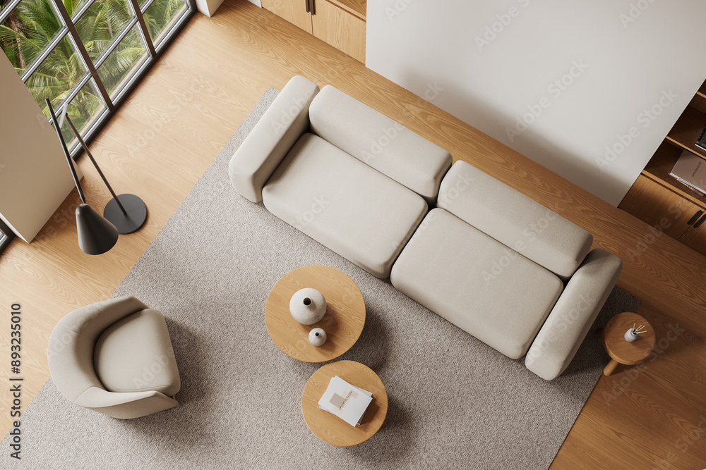 Top view of home living room interior with couch and armchair ...