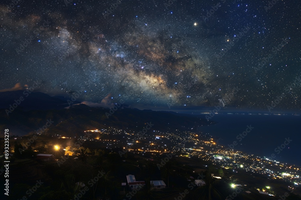Starry sky over Mount". The Milky Way and stars above the city of ...