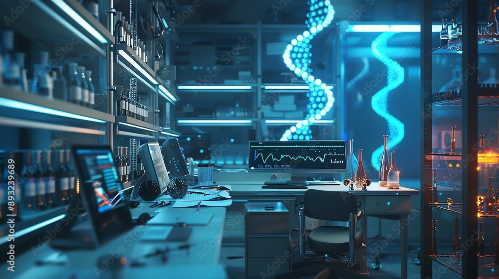 Advanced genetic engineering lab, DNA and molecules visualized with ...