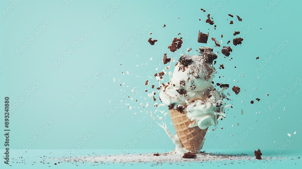 **Ice cream explosion with brownie chunks on a solid teal background ...