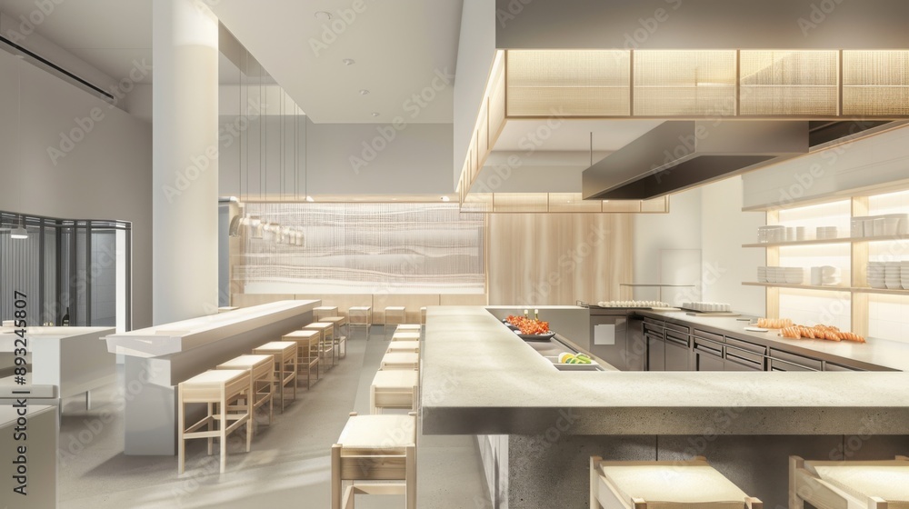 Modern minimalist restaurant interior design with clean lines, wooden ...