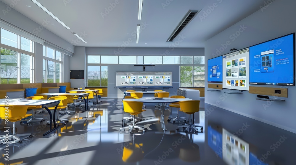Future-oriented classroom with sleek, movable furniture and large touch ...