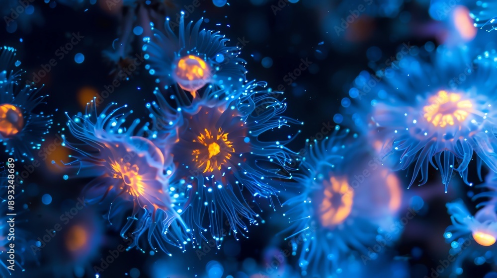Bioluminescent Algae Macro of glowing algae, each cell a detailed burst ...