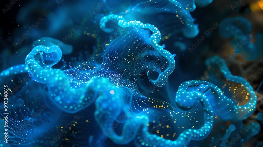 Bioluminescent Algae Macro of glowing algae, each cell a detailed burst ...