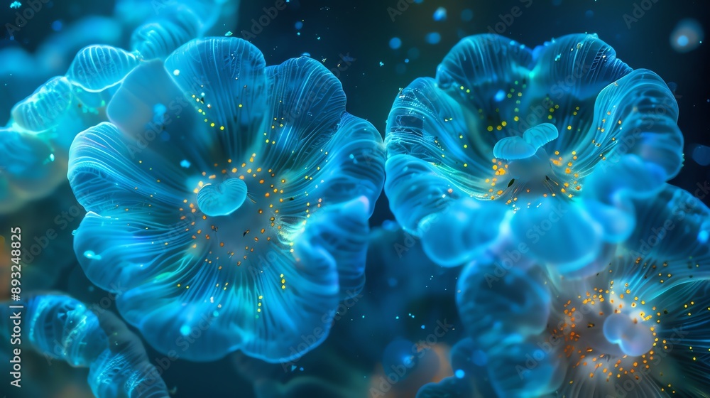 Bioluminescent Algae Macro of glowing algae, each cell a detailed burst ...