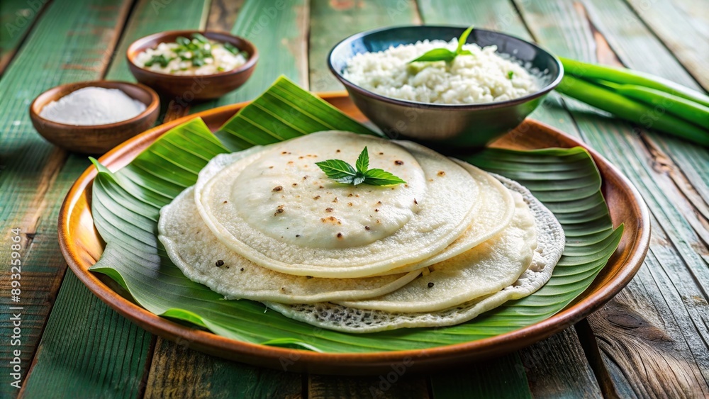 Rice and coconut milk pancake from Kerala, known as Palappam, displayed ...