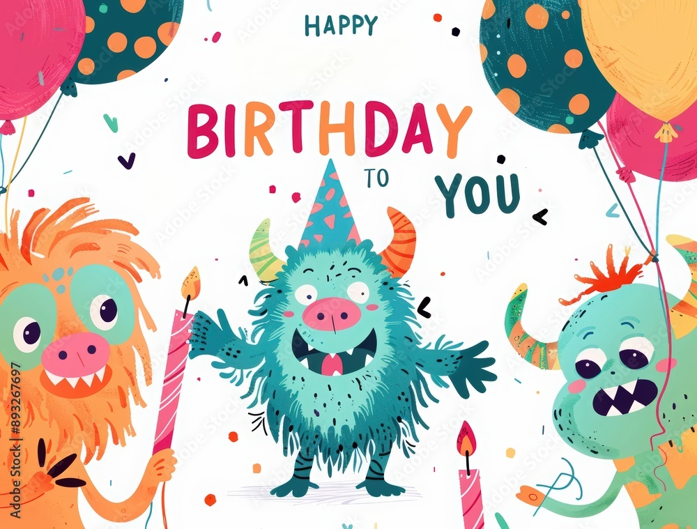 Happy birthday card with a cute monster character and text "HAPPY ...