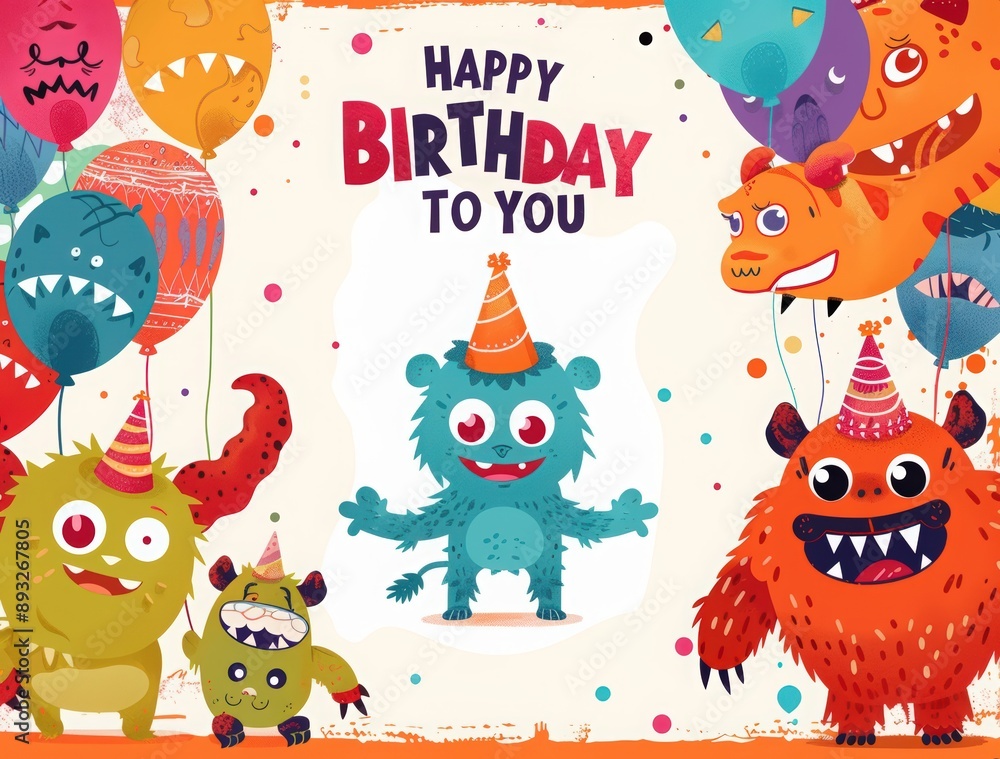 Happy birthday card with a cute monster character and text "HAPPY ...