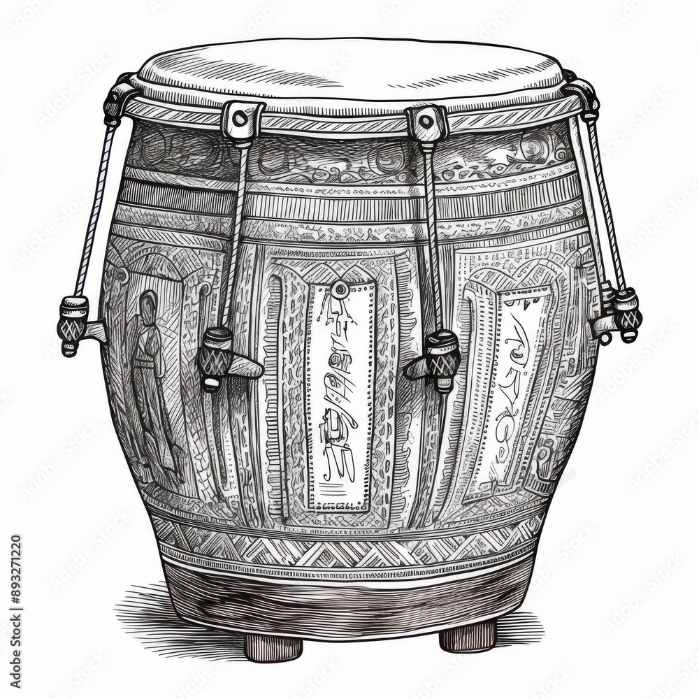Black and white Vintage engraved art of a conga drum isolated on white ...