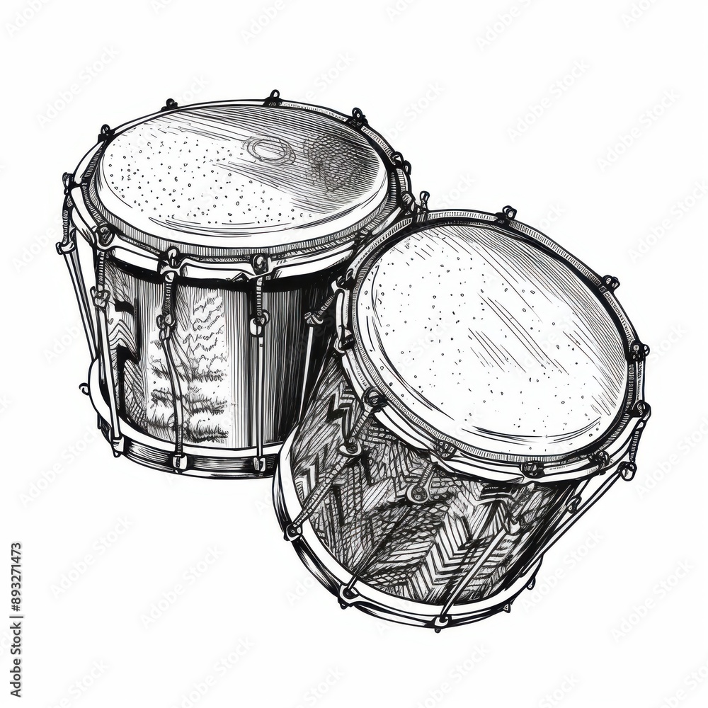 Black and white Vintage engraved art of a bongos isolated on white ...