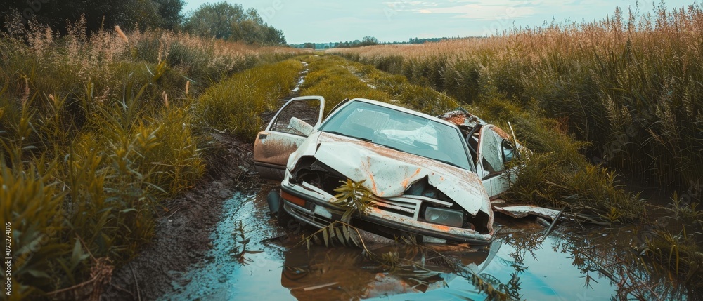 An old rusted car wreck sits forgotten in a field overgrown with weeds ...