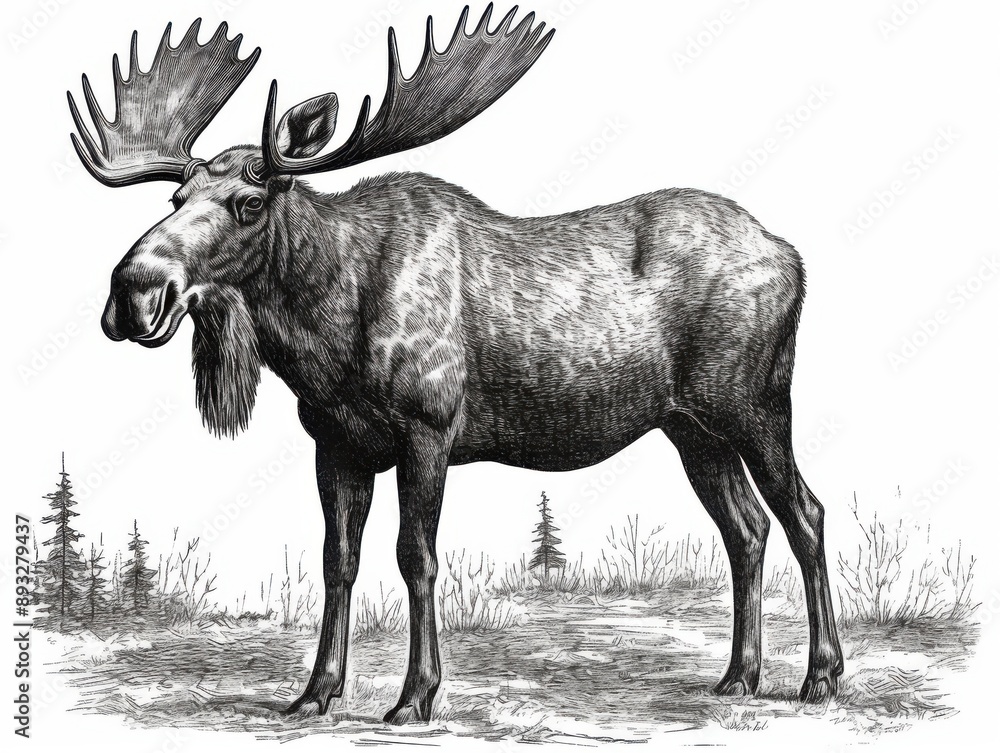 Black and white Vintage engraved art of a moose isolated on white ...