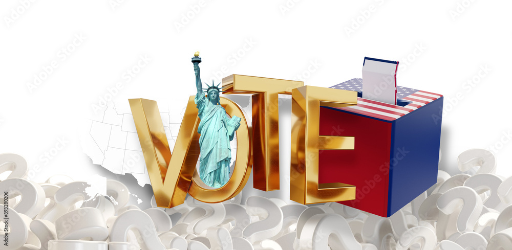 question marks white and golden word VOTE as bold letters gold metallic ...
