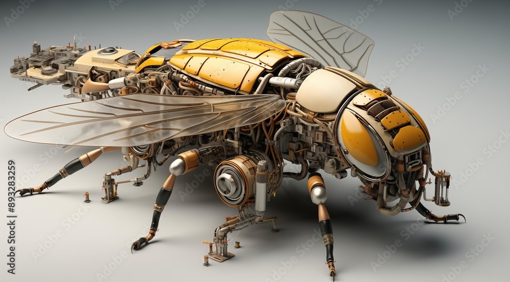 This image showcases a stunning 3D render of a steampunk bee robot. Its ...