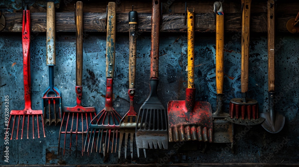 Illustration of a set of rakes with various tine configurations hanging ...