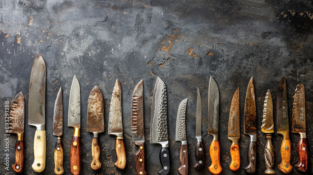 Detailed depiction of kitchen knives of various sizes and styles ...