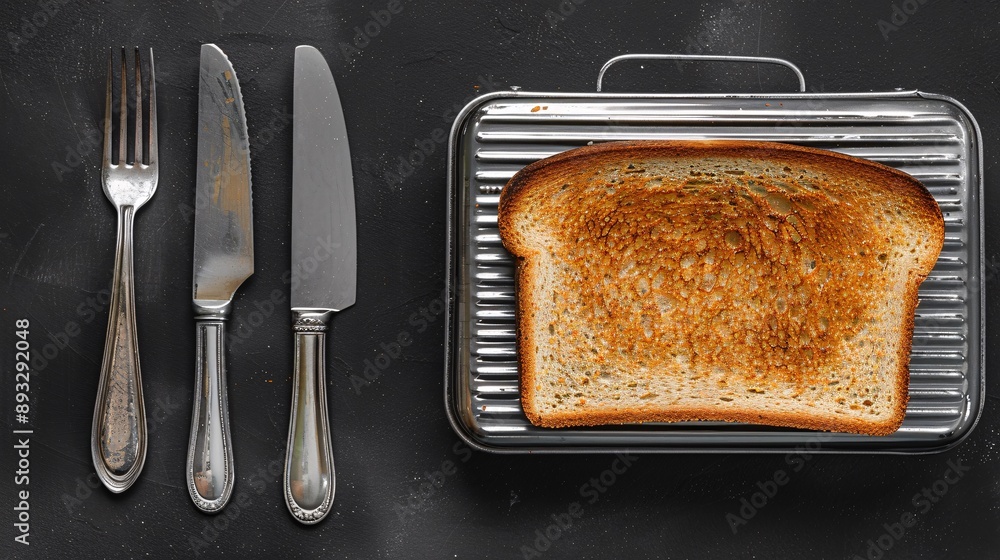 High-detail depiction of a toaster and a set of butter knives centered ...
