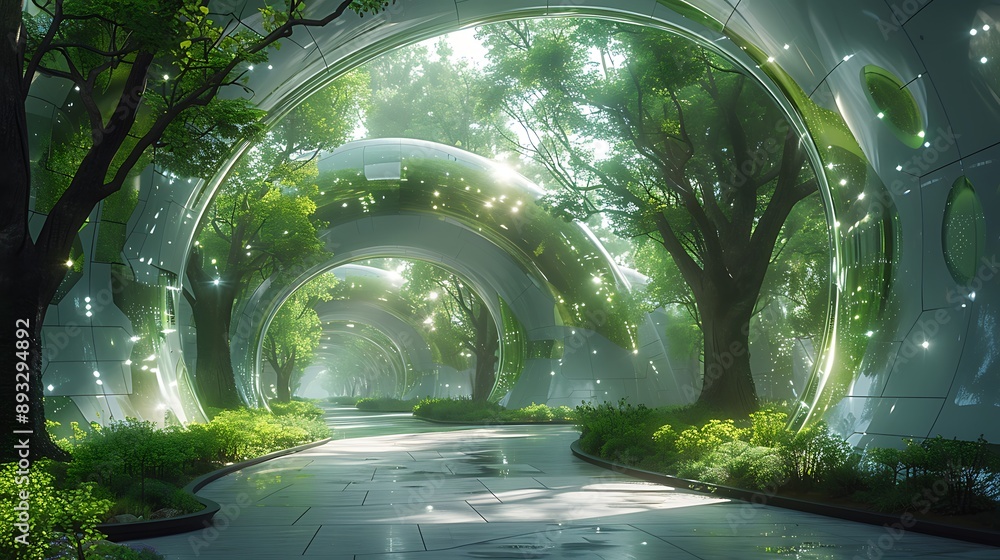 An innovative urban park with transparent pathways and holographic ...