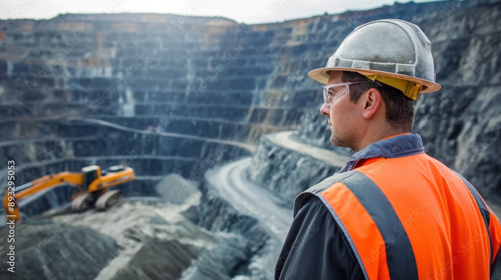 Mining engineer inspecting massive open-pit mine, overseeing the ...