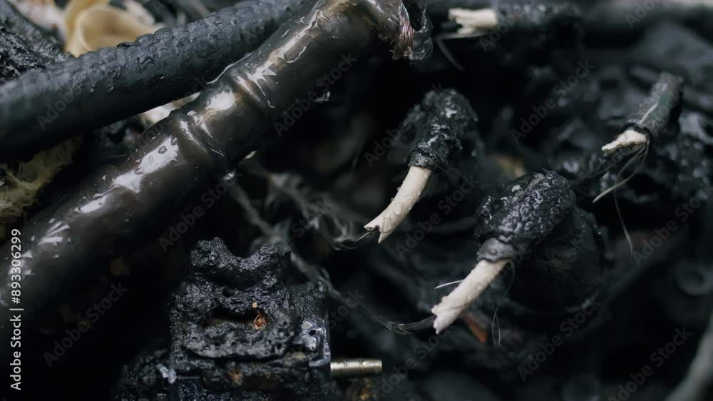 Close-up of a severely burnt car engine, highlighting charred and ...