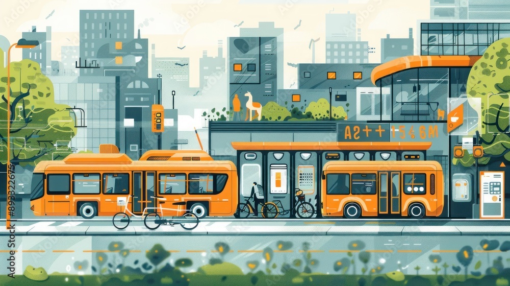 Flat illustration of an eco-friendly public transport system with ...