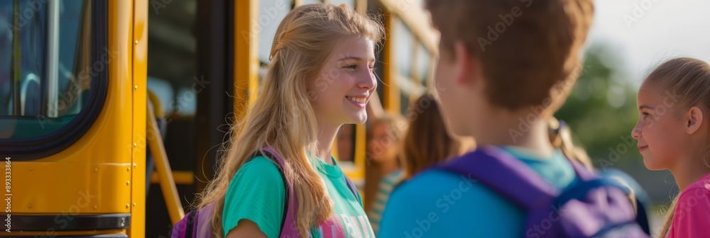 Excited children joyfully board the school bus on the sunny first day ...
