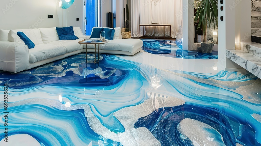 Contemporary epoxy resin floor design featuring white and blue color ...