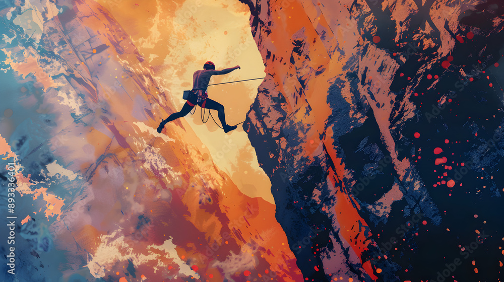 Dynamic rock climbing scene with a climber scaling a steep cliff ...