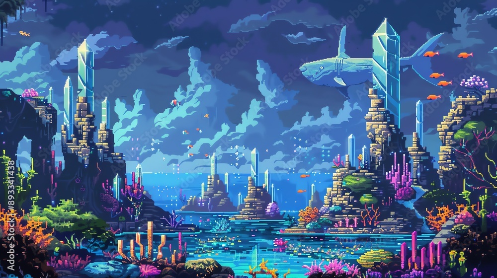 Beautiful pixel art of an underwater fantasy world with crystal towers ...