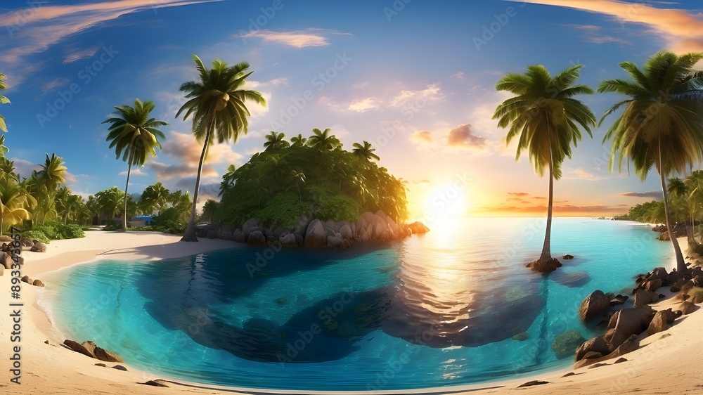 Tropical island with a palm tree at sunset. HDRI, environment map ...