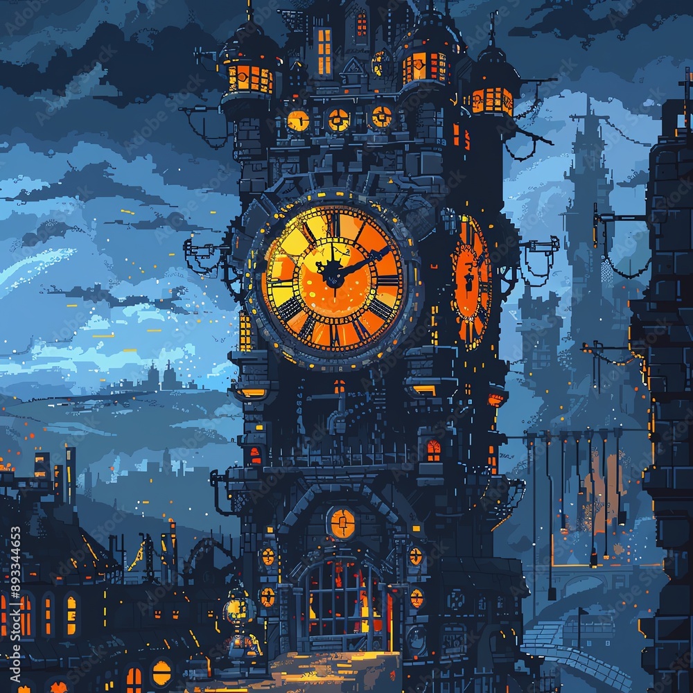 Pixel art of a gothic clock tower illuminated at night, showcasing an ...