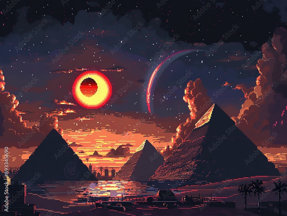 Stunning pixel art of pyramids under a dramatic red moon and purple ...