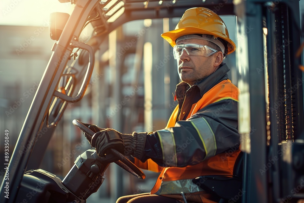 Forklift operator wearing safety gear and driving in an outdoor loading ...