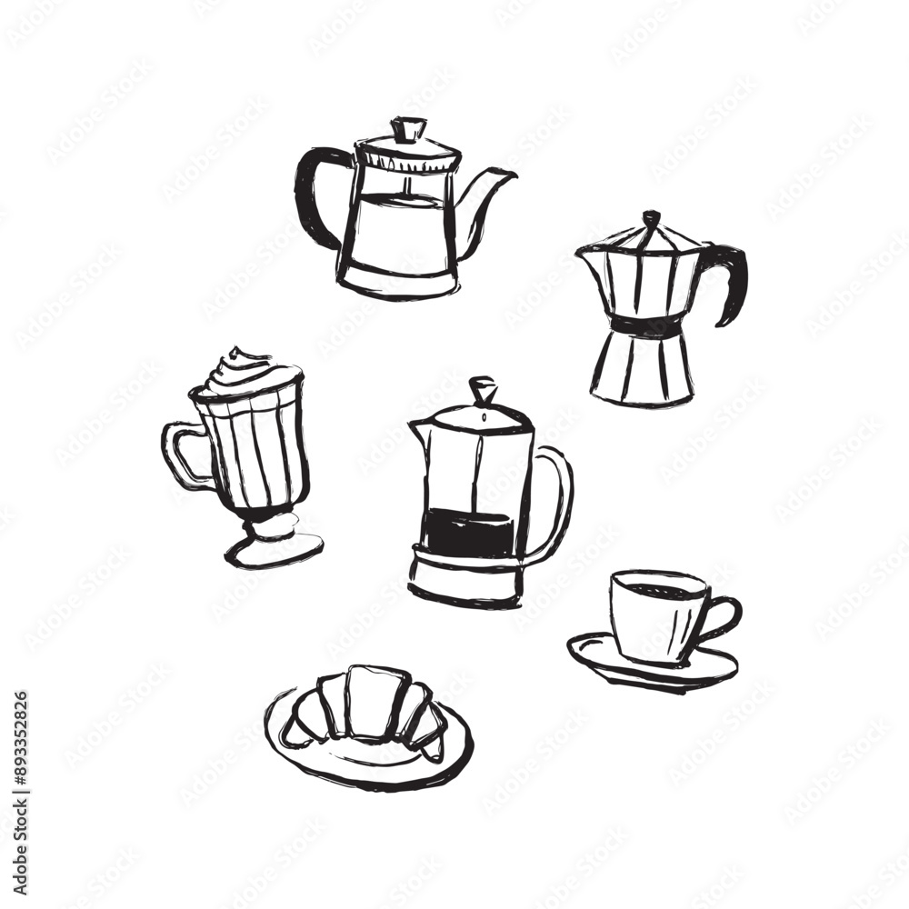 Hand drawn line art minimalist café illustration. Abstract rough coffee ...