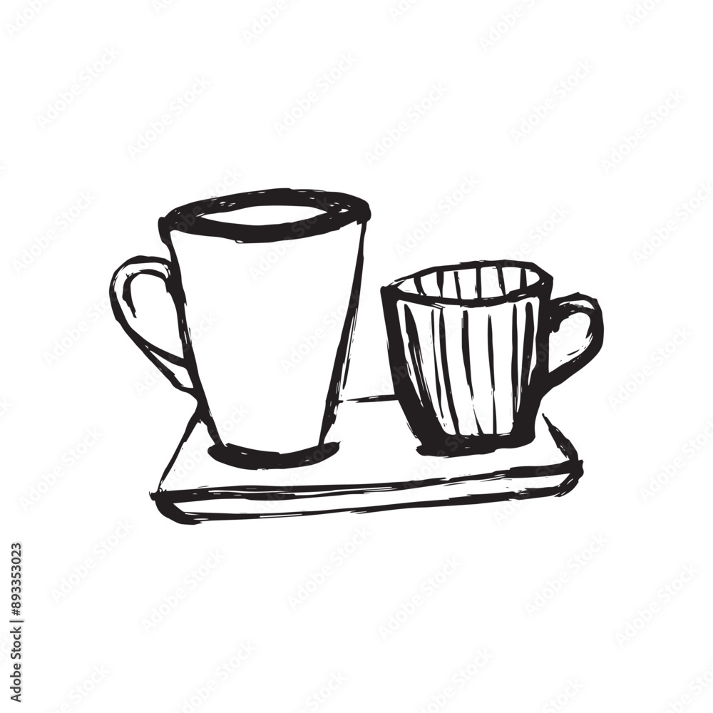Hand drawn line art minimalist café illustration. Abstract rough coffee ...