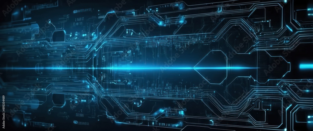 Futuristic digital circuit board design with glowing lines and a blue color scheme, ideal for ...