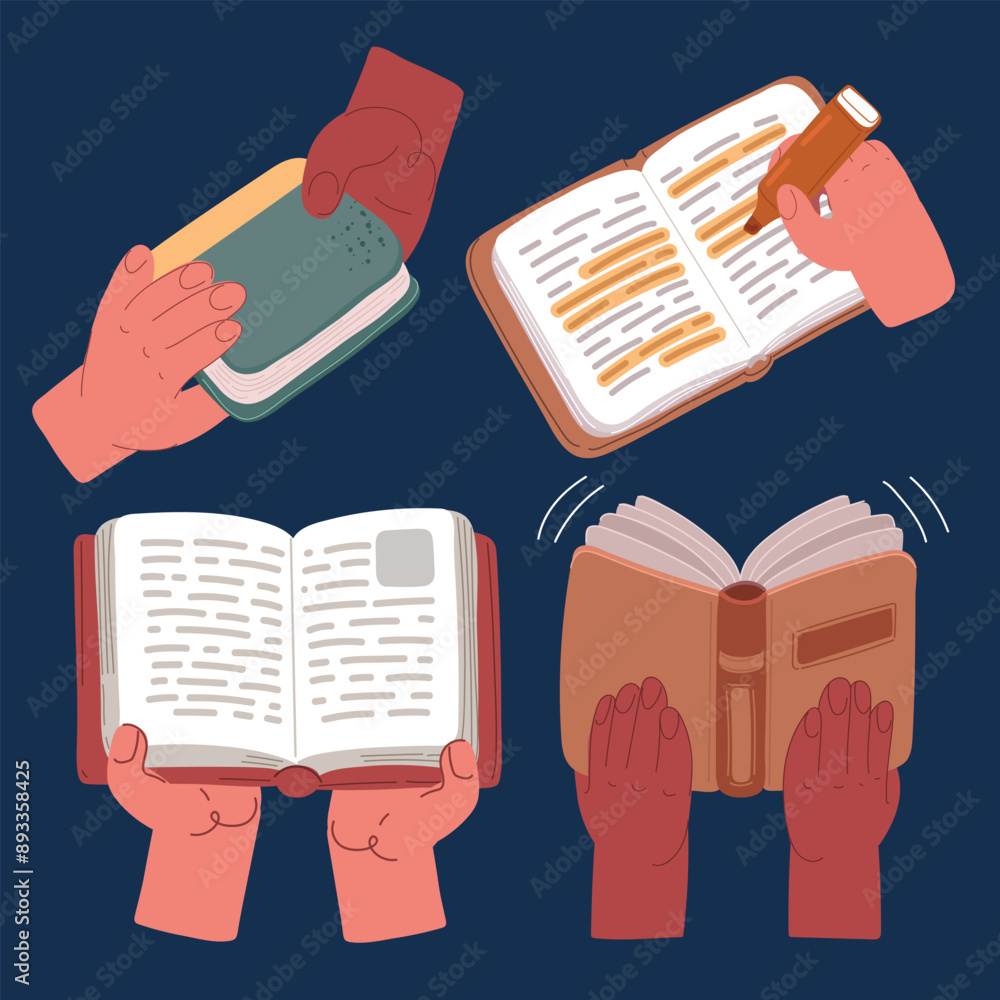 Cartoon vector illustration of hands with books enjoy reading ...