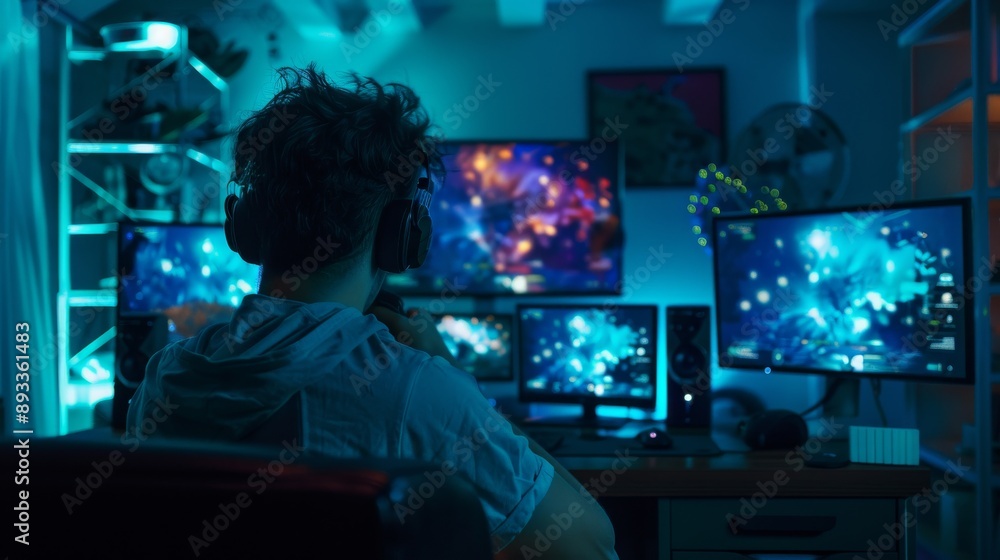 Dedicated Gamer Intensely Playing a Video Game in a Modern Gaming Setup ...