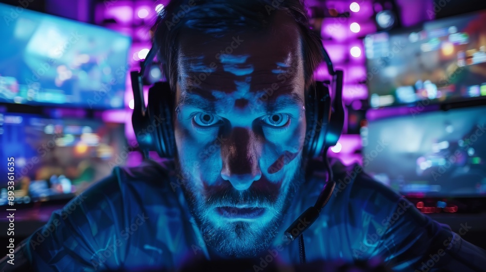 Dedicated Gamer Intensely Playing a Video Game in a Modern Gaming Setup ...