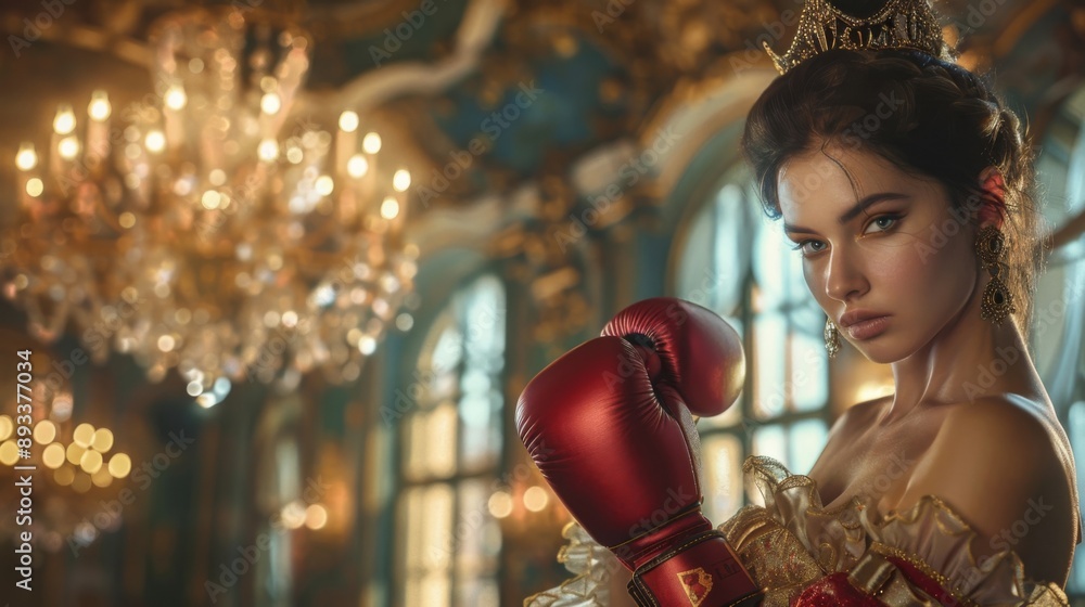 Elegant warrior woman in a royal setting with boxing gloves, showing ...