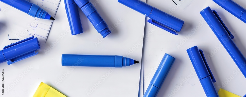 Indigo markers and sticky notes arranged on white for back-to-school ...