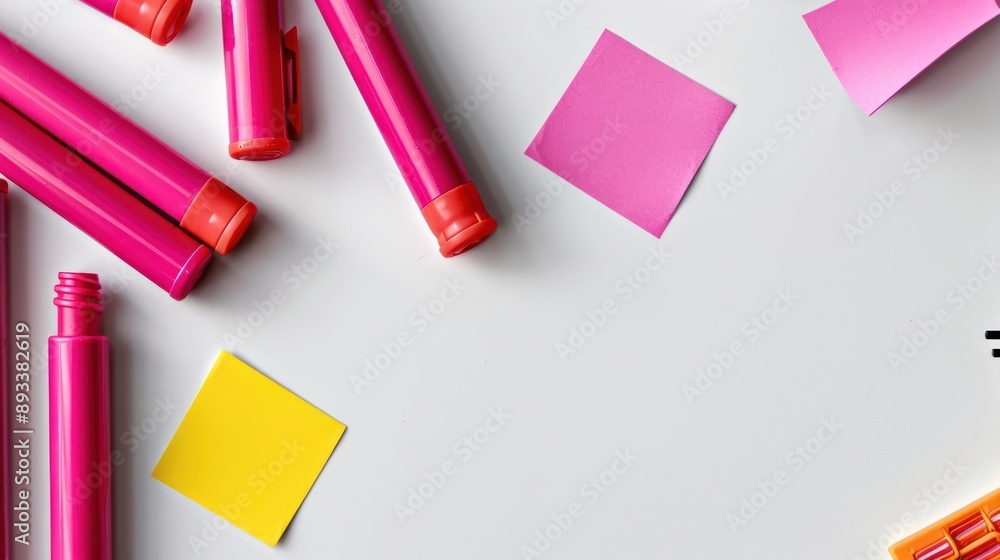 Magenta colored markers and sticky notes on white, clear text space ...