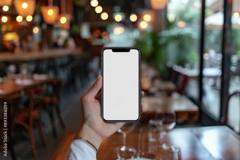 Hand holding phone with white screen and blurred background of a ...